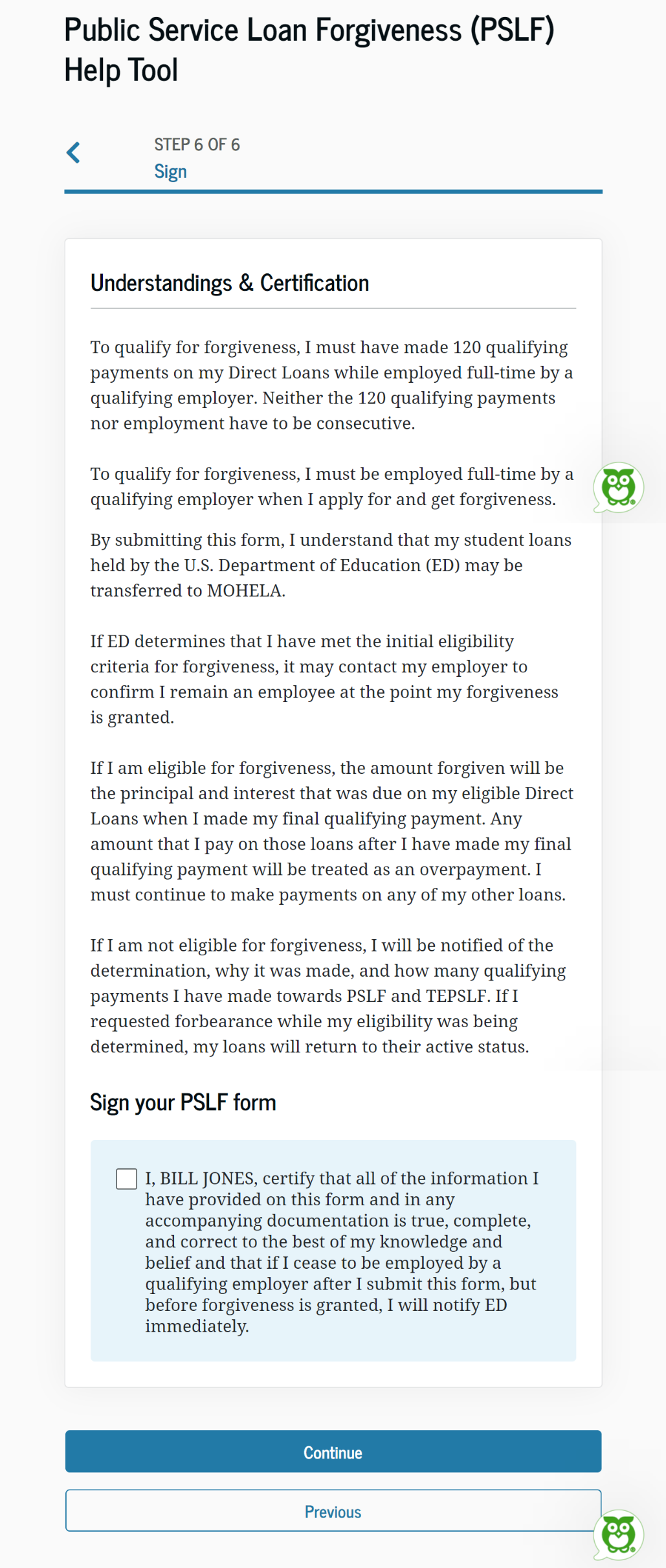 This is an image of the page in the PSLF Help Tool where the user can sign their PSLF Form.